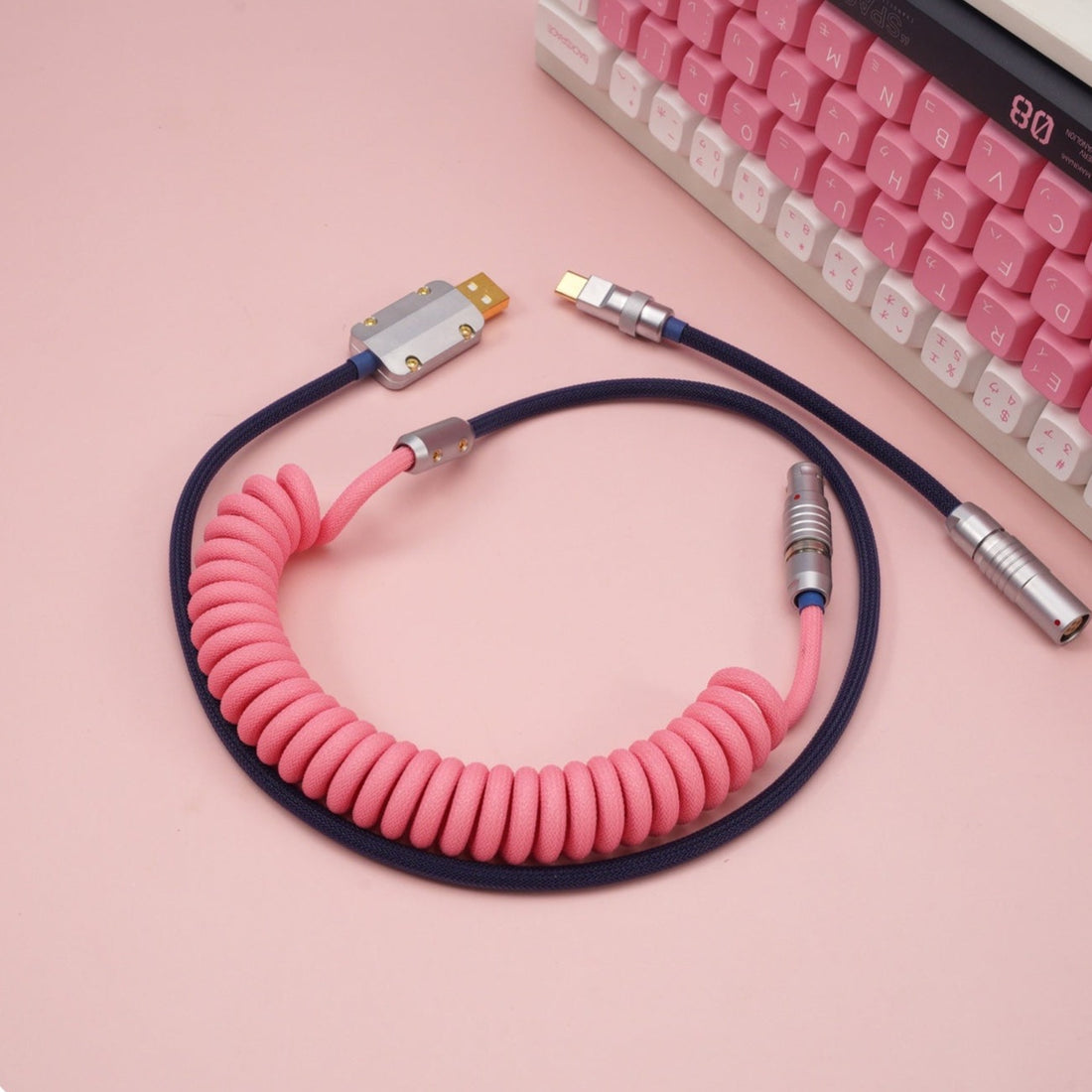 Sleeved Coiled Keyboard Aviator Cable, Lemo Style Connector - Pink/Pur ...