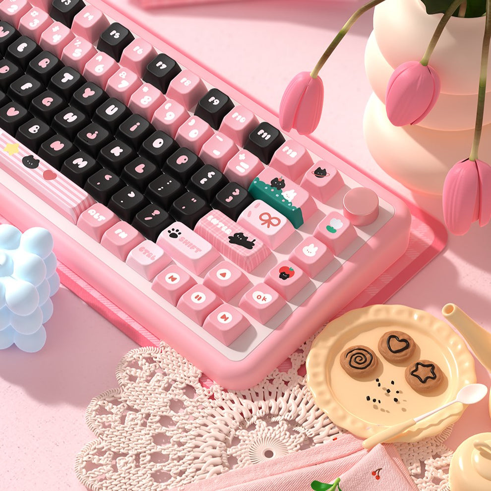 Little Black Cat (Pink) Cute Keycap Set, MDA Profile, PBT Dye Sub Key ...