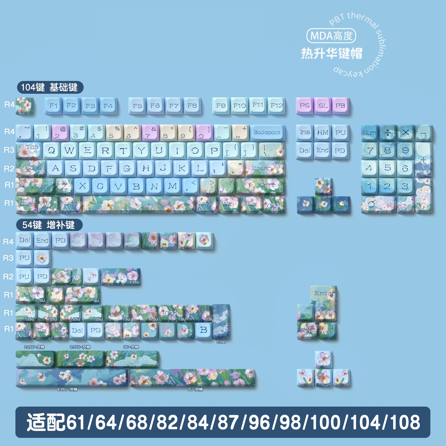Daisy (Blue) Cute Keycap Set, MDA/Cherry Profile, PBT Dye Sub Key Cap ...